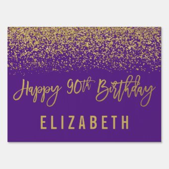 Modern Purple Faux Gold Glitter 90th Birthday Sign | Zazzle