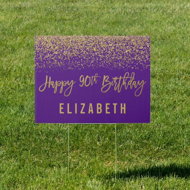 Modern Purple Faux Gold Glitter 90th Birthday Sign | Zazzle