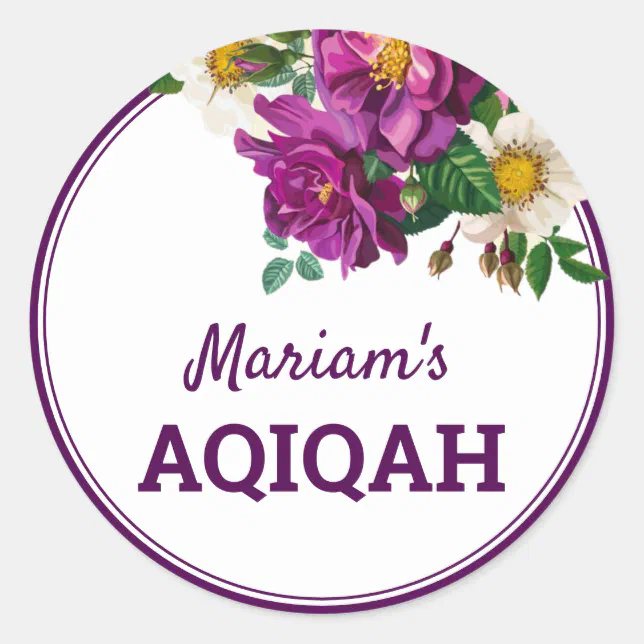 Modern Purple Floral Baby Girl Aqiqah Classic Round Sticker | Zazzle
