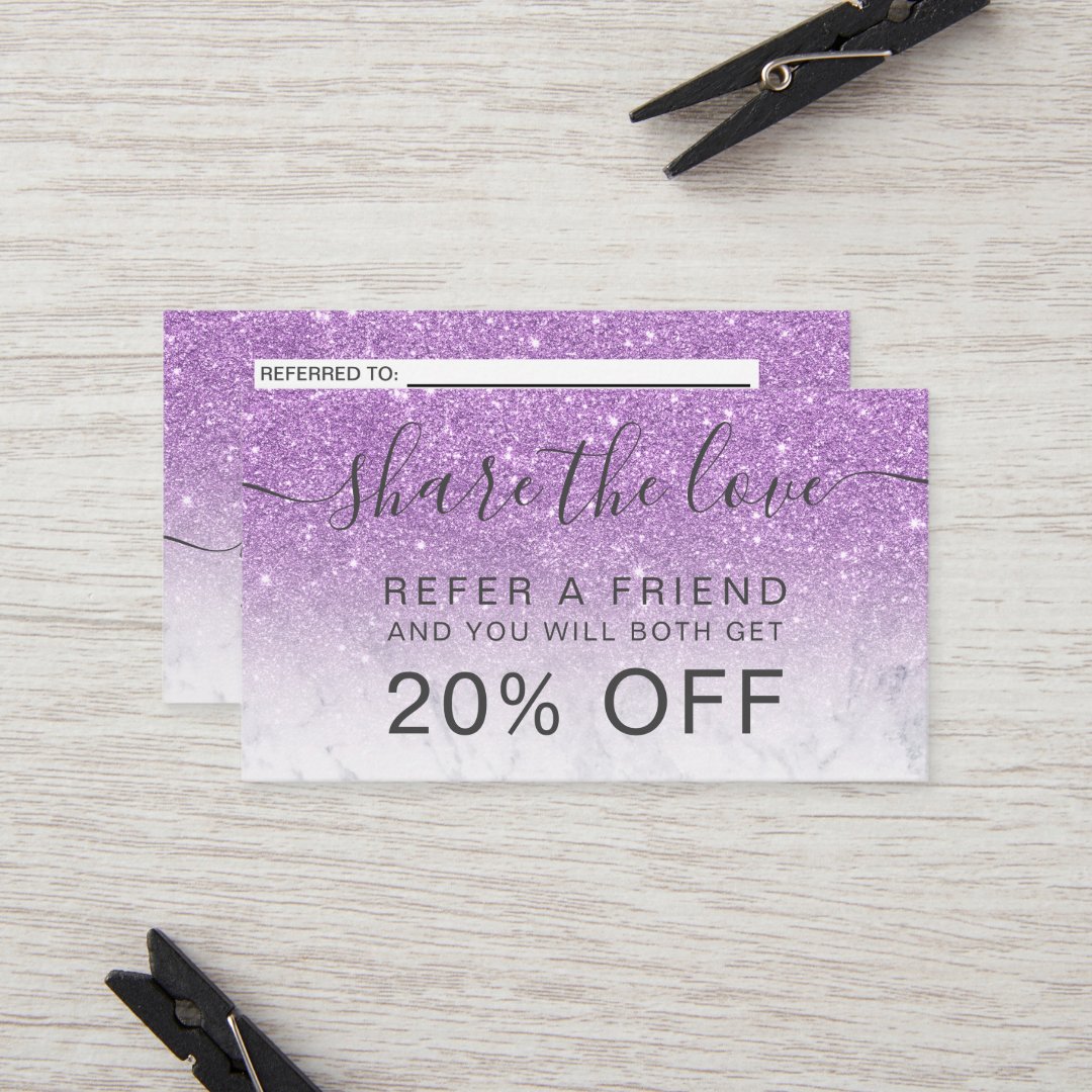 Modern purple glitter marble ombre professional referral card | Zazzle