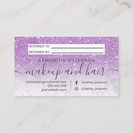 Modern purple glitter marble ombre professional referral card | Zazzle