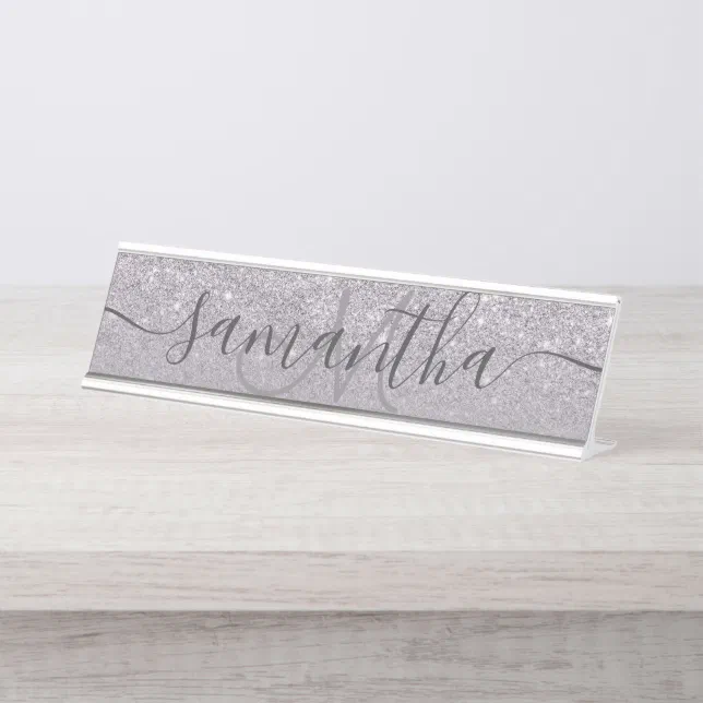 Modern purple glitter ombre lavender monogram desk name plate | Zazzle