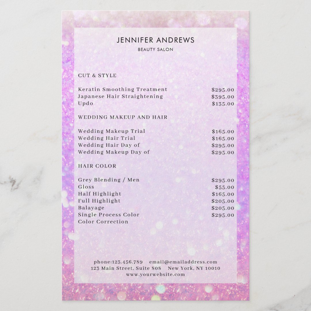 Modern Purple Glitter Salon Price List Flyer | Zazzle