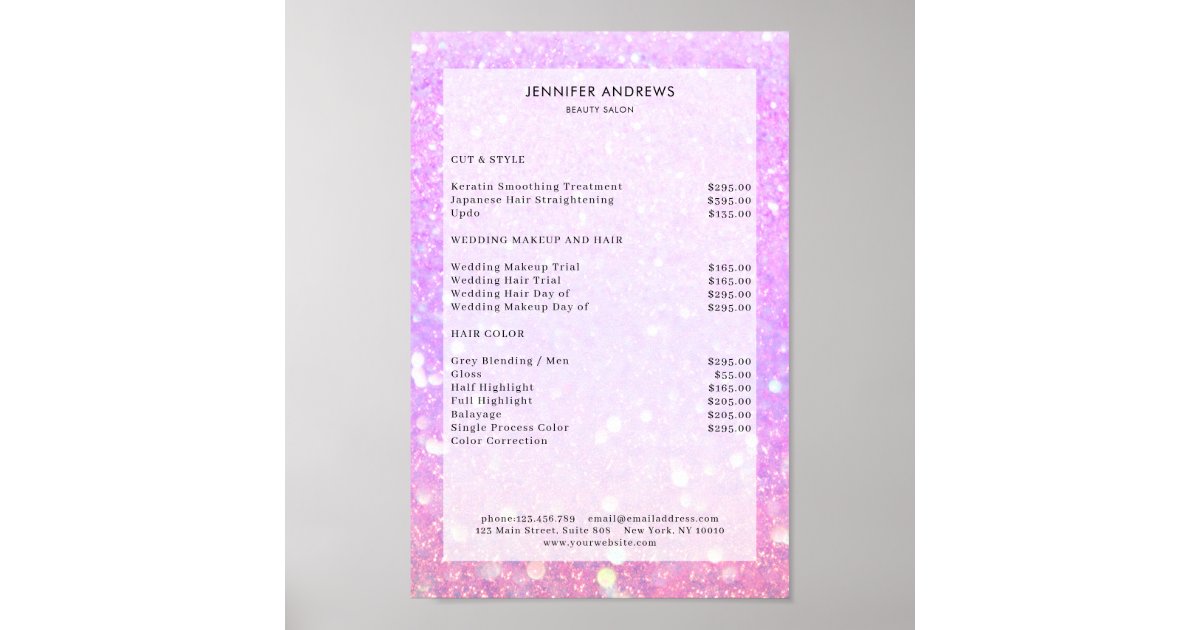 Modern, purple glitter salon price list Poster | Zazzle