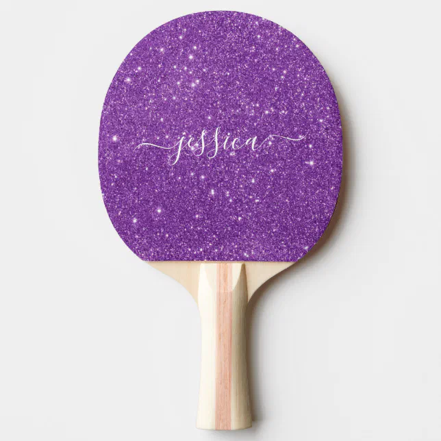 Modern purple glitter script name ping pong paddle | Zazzle