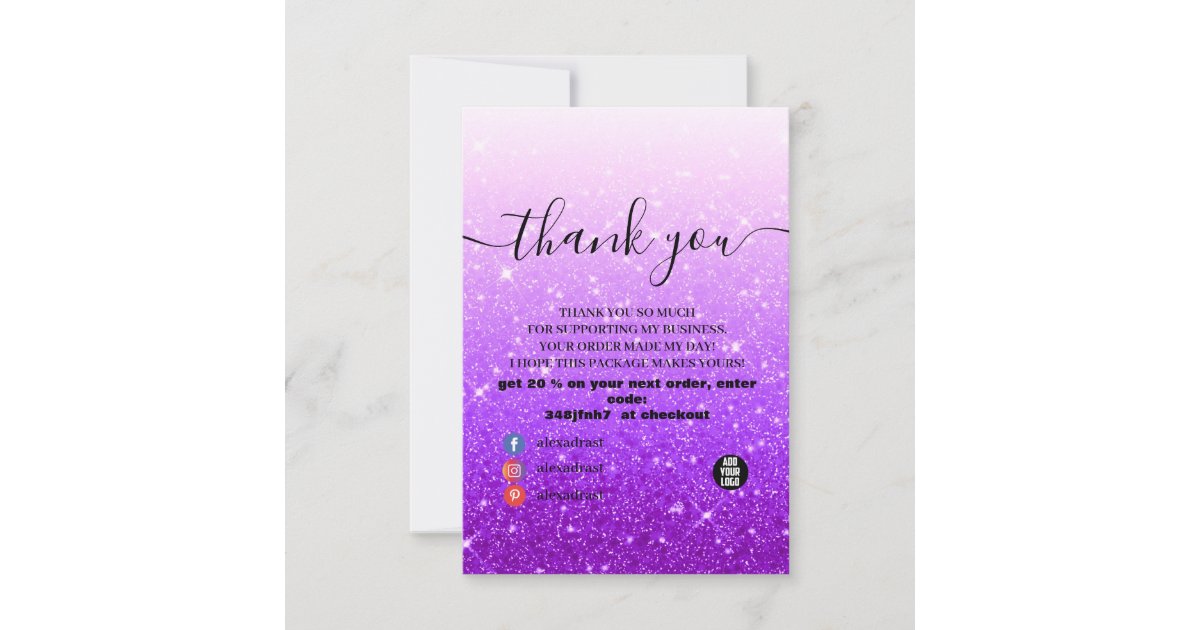 Modern Purple Glitter Thank You Card | Zazzle