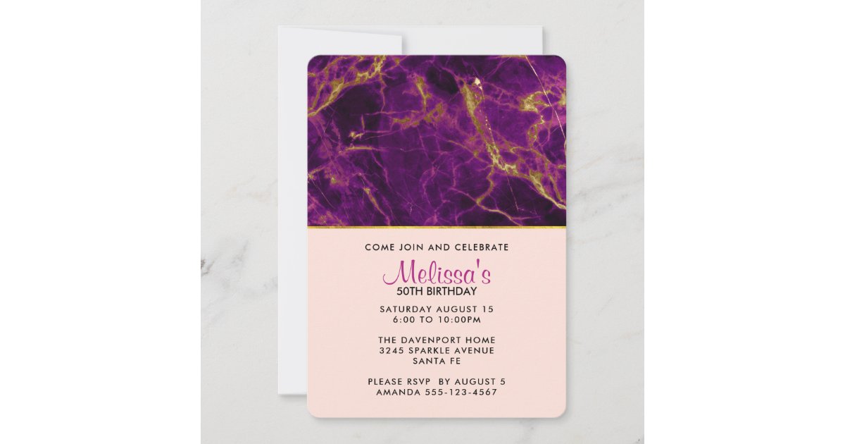 Modern Purple & Gold Abstract Marble Birthday Invitation | Zazzle
