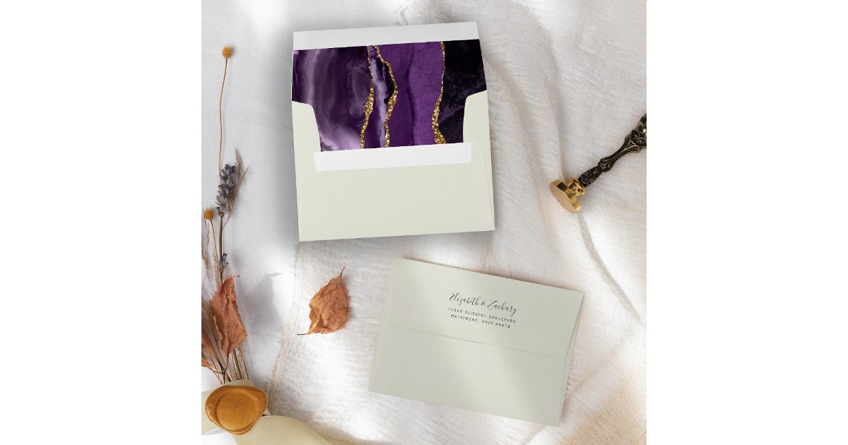 Modern Purple Gold Agate Ivory Wedding Envelope | Zazzle
