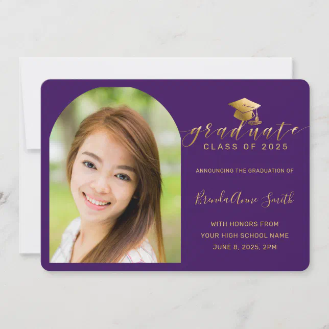 Modern Purple Gold Cap Script Photo Graduation Announcement | Zazzle