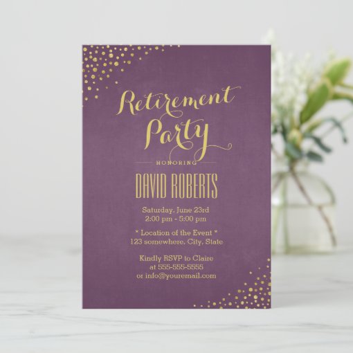 Modern Purple & Gold Dots Retirement Party Invitation | Zazzle
