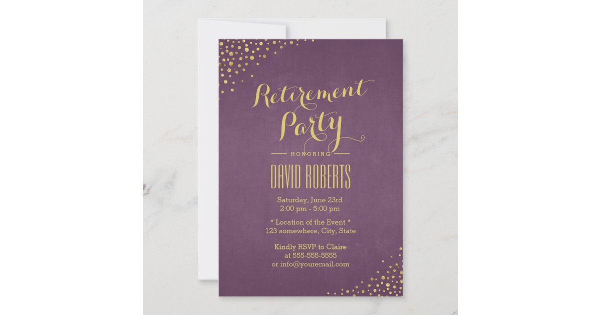 Modern Purple & Gold Dots Retirement Party Invitation | Zazzle