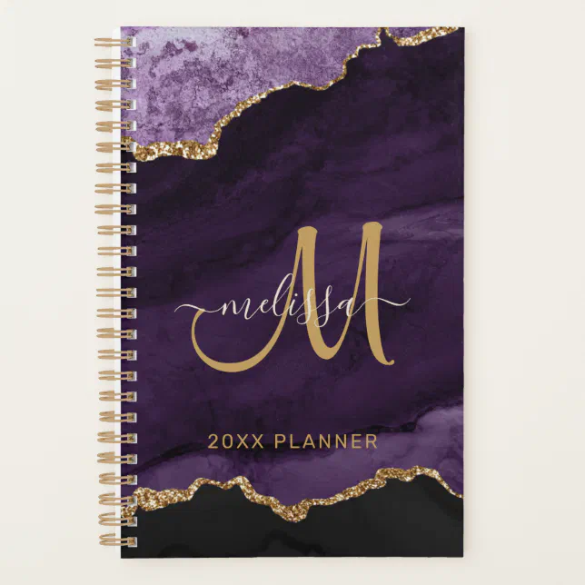 Modern Purple Gold Glitter Agate Monogram 2024 Planner | Zazzle