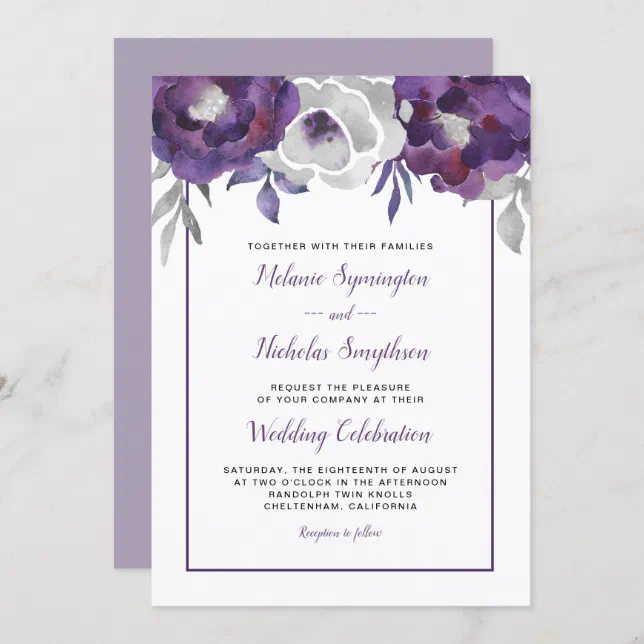 Modern Purple Gray Floral wedding invitations | Zazzle