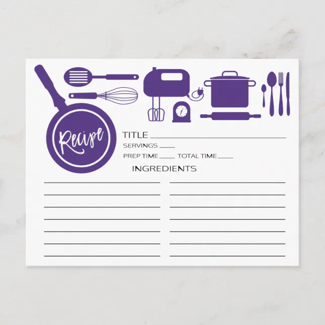Modern Purple Kitchen Utensils Recipe Card | Zazzle