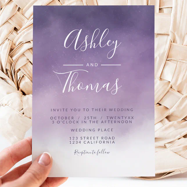 Modern purple lavender watercolor script wedding invitation | Zazzle