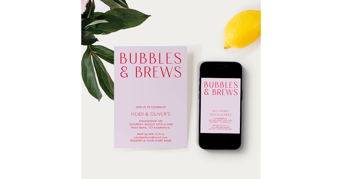 Modern Purple & Magenta Bubbles & Brews Engagement Invitation | Zazzle