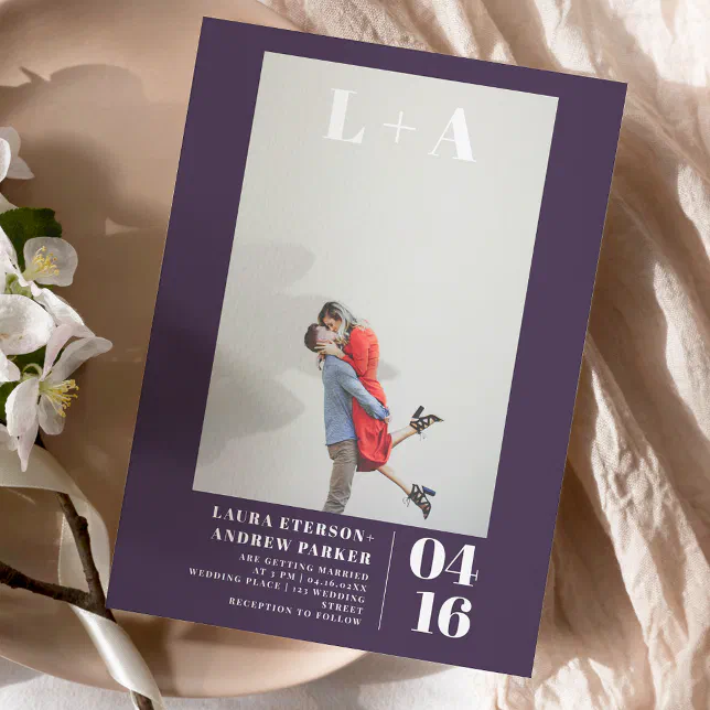 Modern purple minimalist initials photo wedding invitation | Zazzle