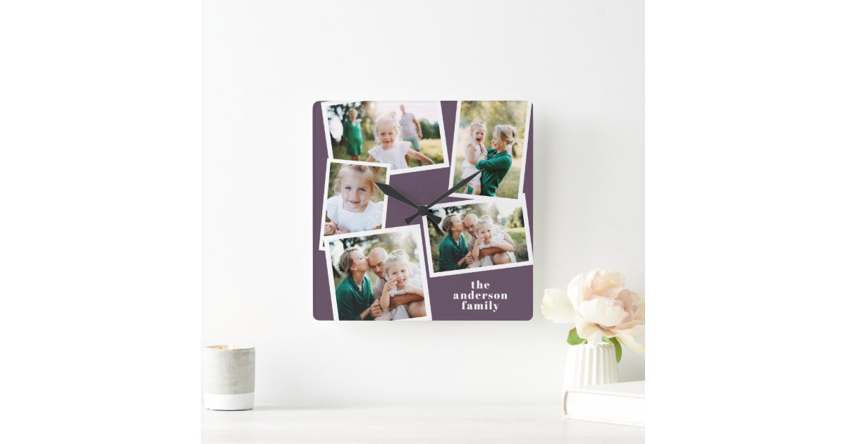 Modern purple multi photo family home decor square wall clock | Zazzle