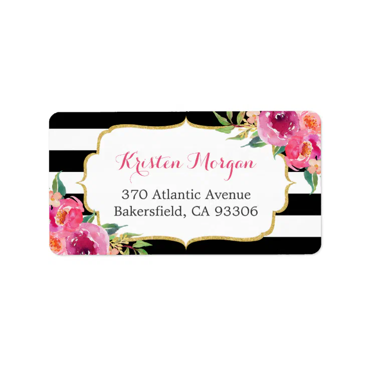 Modern Purple Red Pink Fuchsia Floral BW Stripes Label | Zazzle
