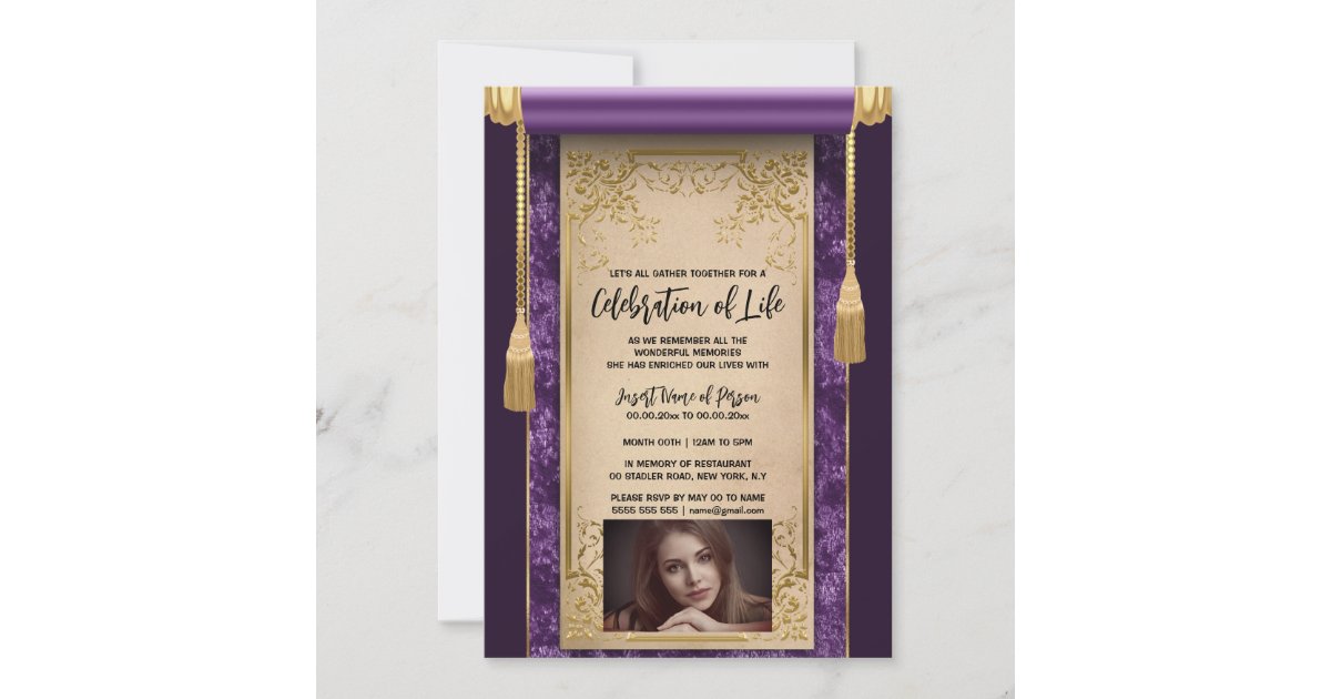 Modern purple satin scroll tassels sepia photo invitation | Zazzle