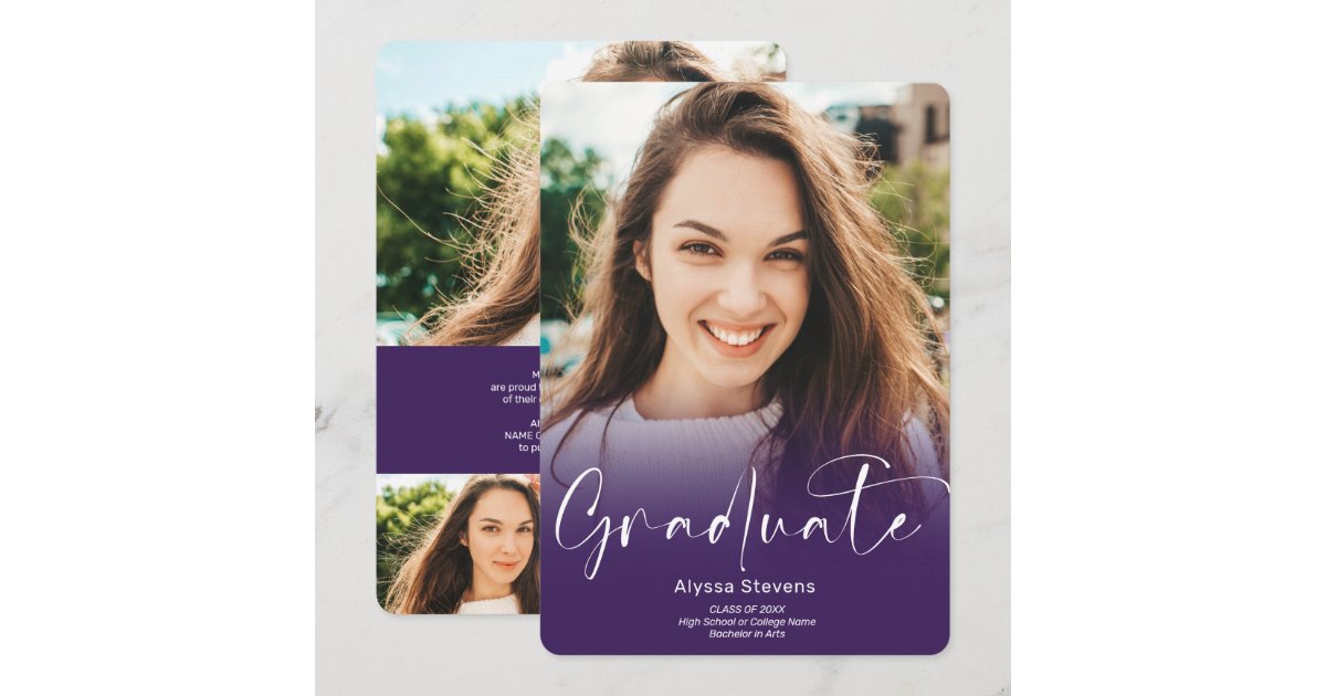 Modern purple script 4 photos graduation announcement | Zazzle