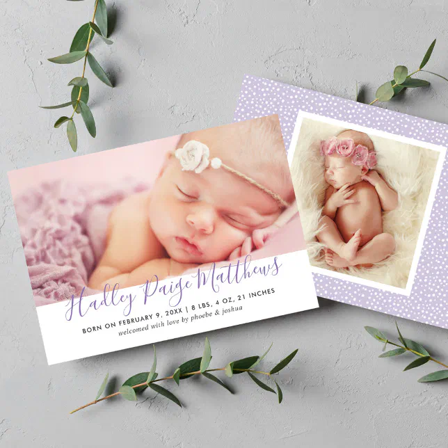 Modern Purple Script Baby Girl Photo Birth Announcement | Zazzle