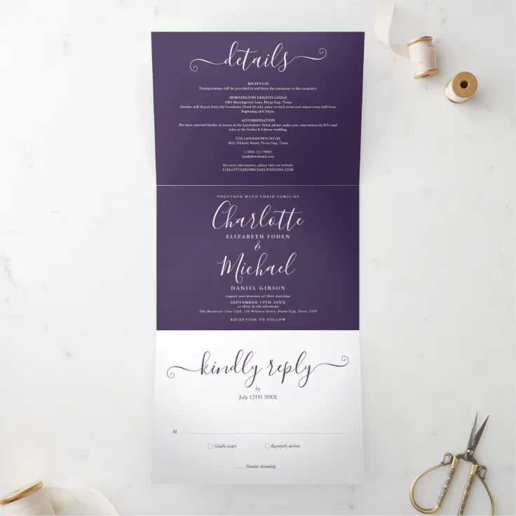 Modern Purple Script Monogram Wedding Tri-Fold Invitation | Zazzle