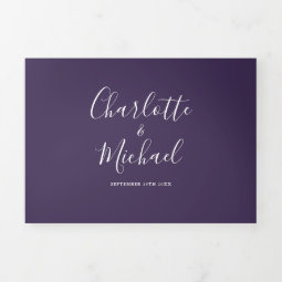 Modern Purple Script Monogram Wedding Tri-Fold Invitation | Zazzle