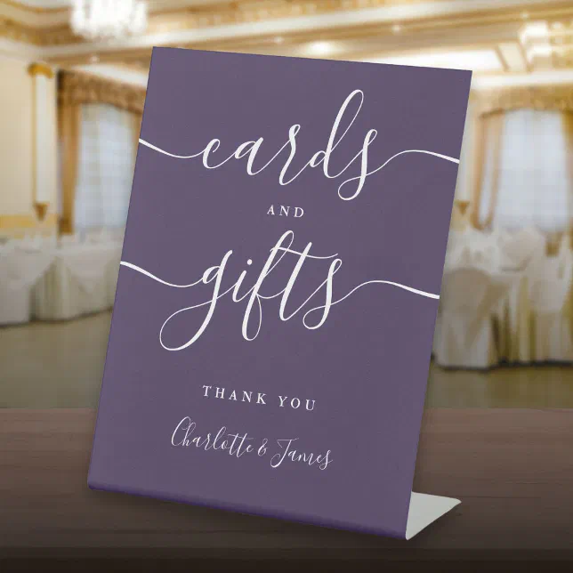 Modern Purple Signature Script Cards And Gifts Pedestal Sign | Zazzle