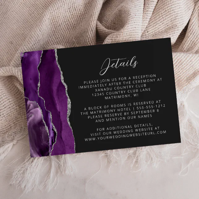 Modern Purple Silver Agate Slate Wedding Details Enclosure Card | Zazzle