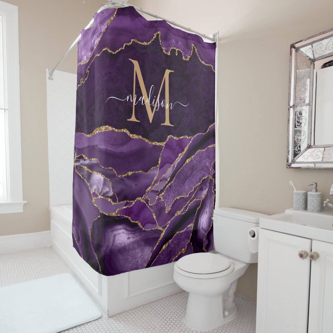 Modern Purple Violet Gold Agate Geode Monogram Shower Curtain | Zazzle