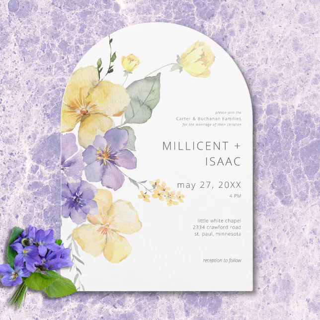 Modern Purple & Yellow Violets Floral Wedding Invitation | Zazzle