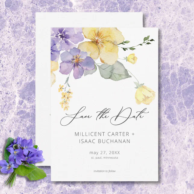 Modern Purple & Yellow Violets Floral Wedding Save The Date | Zazzle