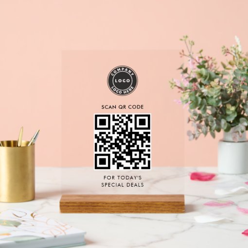 Modern QR Code and Business Logo Daily Update Acrylic Sign | Zazzle