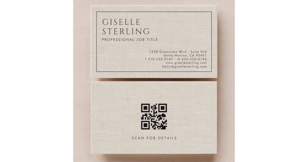 Modern QR Code Beige Linen Professional Luxury Business Card | Zazzle