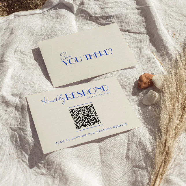 Modern QR Code Blue Retro French Whimsical Wedding RSVP Card | Zazzle