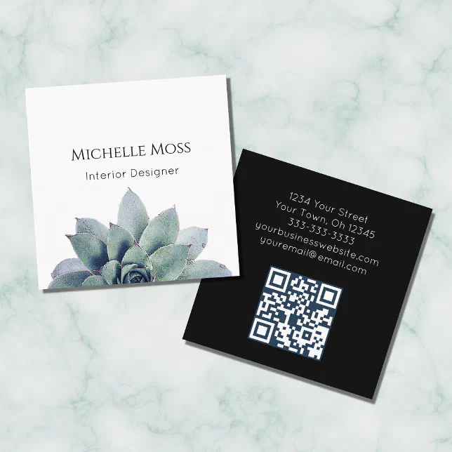 Modern QR code Botanical Greenery Trendy Square Business Card | Zazzle