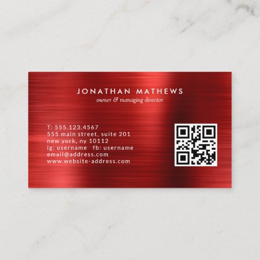 Modern QR Code Brushed Metallic Red Monogram Business Card | Zazzle