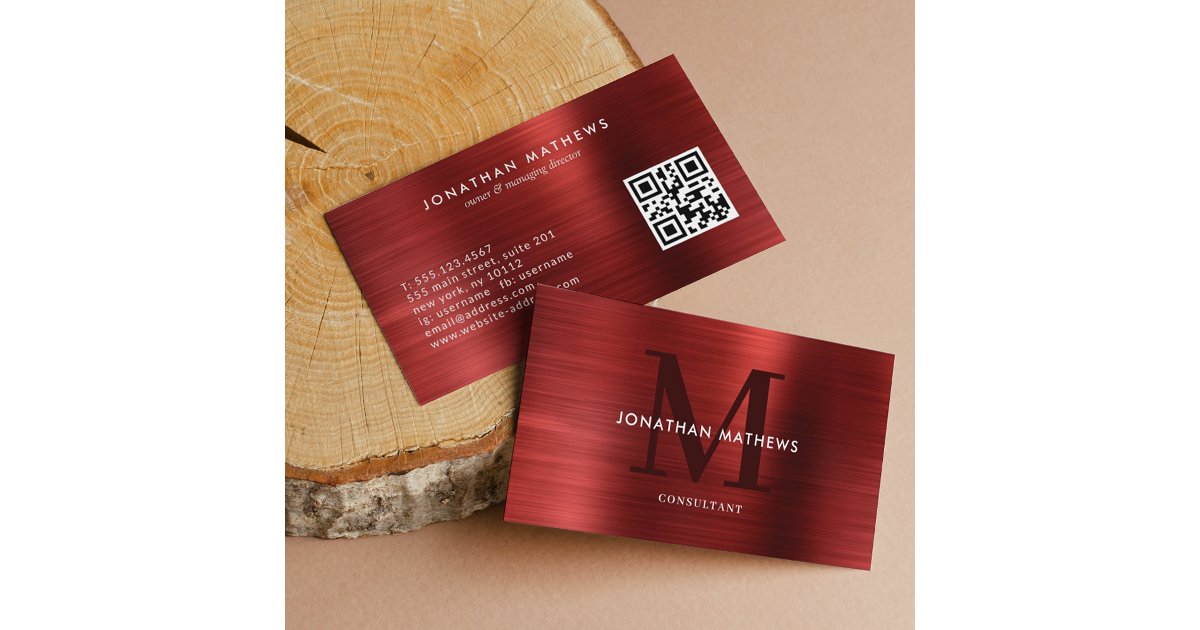 Modern QR Code Brushed Metallic Red Monogram Business Card | Zazzle