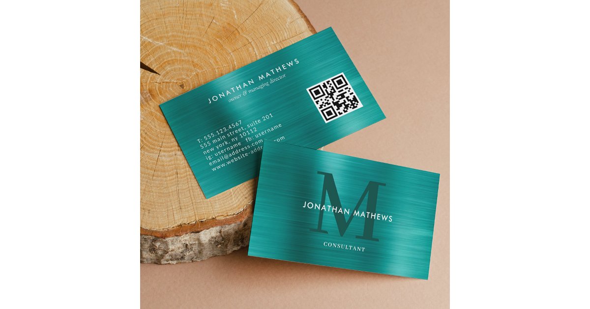Modern QR Code Brushed Metallic Teal Monogram Business Card | Zazzle