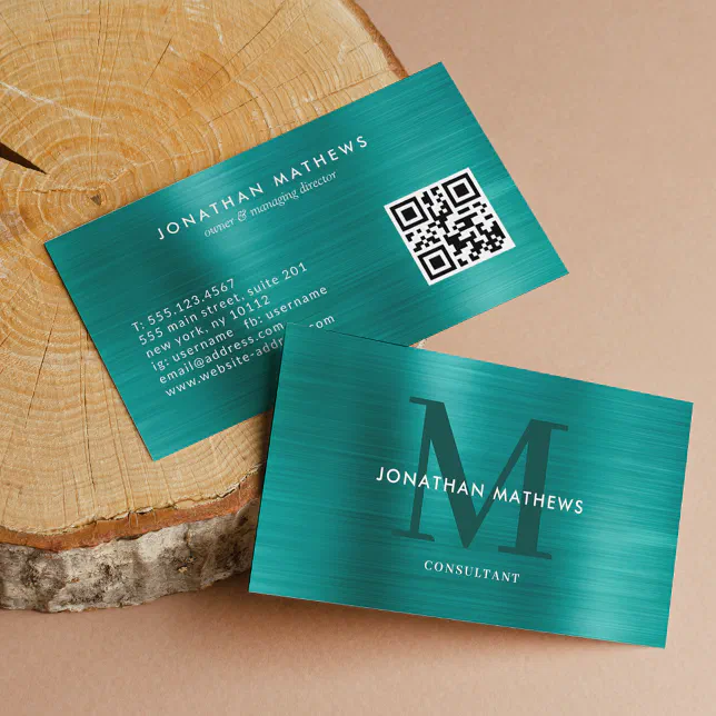 Modern QR Code Brushed Metallic Teal Monogram Business Card | Zazzle