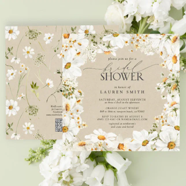 Modern QR Code Elegant Daisy Rustic Bridal Shower Invitation | Zazzle