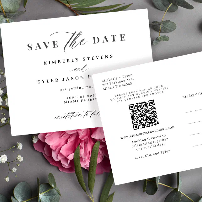 Modern QR CODE elegant wedding save the date Announcement Postcard | Zazzle