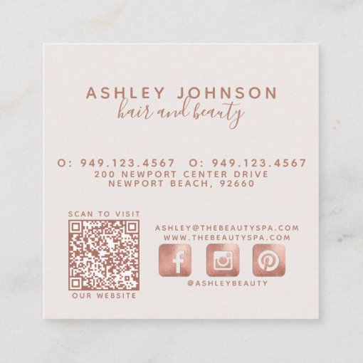 Modern QR Code Feminine Girly Blush Pink Botanical Square Business Card ...