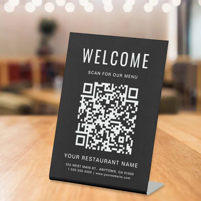 Modern QR Code Restaurant Menu Black Tabletop Pedestal Sign | Zazzle