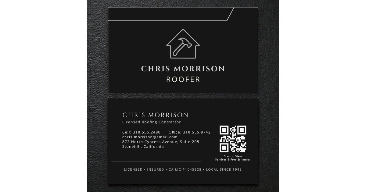 Modern QR Code Roofing Roofer Company Black Business Card | Zazzle