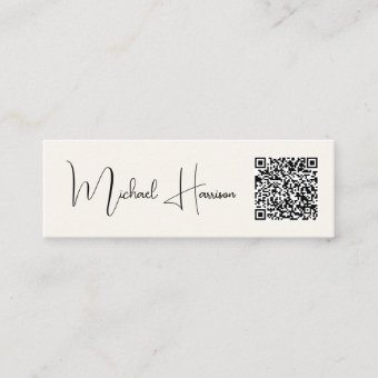 Modern QR Code Signature Script Cream Mini Business Card | Zazzle