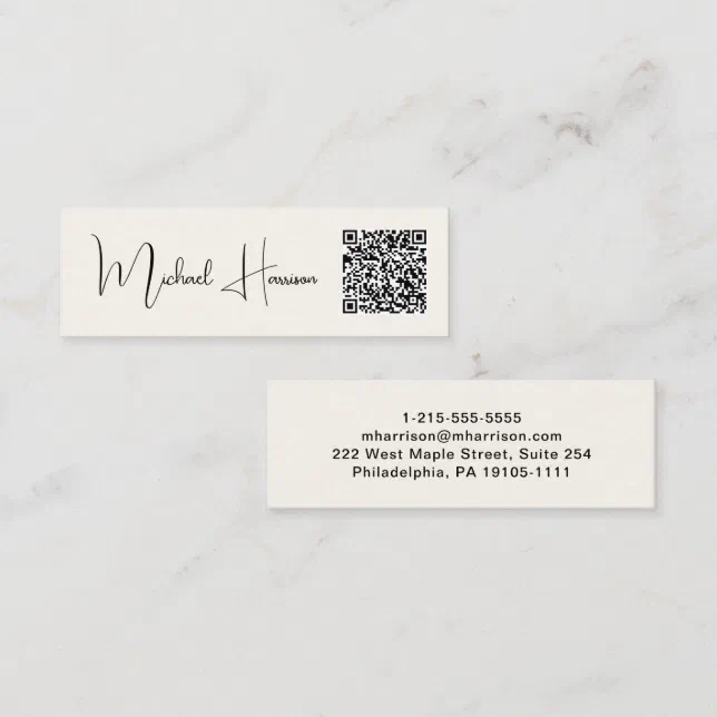 Modern QR Code Signature Script Cream Mini Business Card | Zazzle
