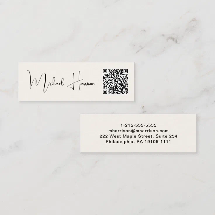 Modern QR Code Signature Script Cream Mini Business Card | Zazzle