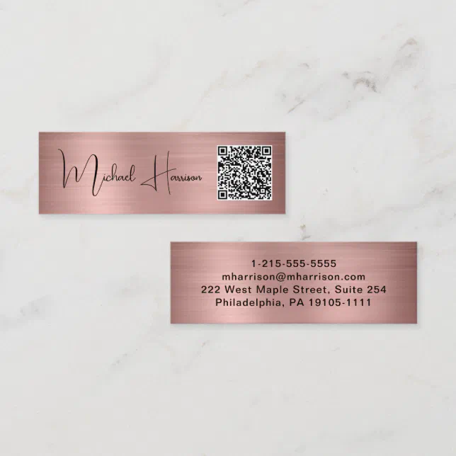 Modern QR Code Signature Script Rose Gold Mini Business Card | Zazzle